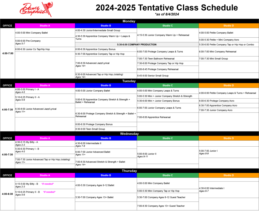 Class Schedule - Dance Graphics Inc.